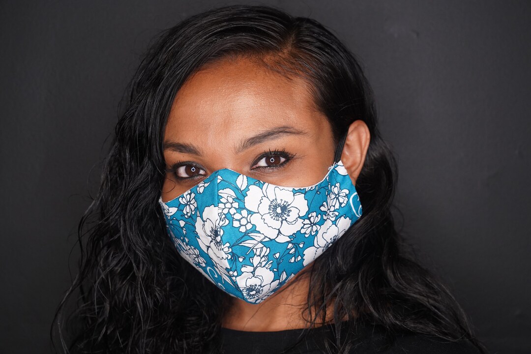 Turquoise and White Floral Print Washable Reusable Face Mask, Double ...