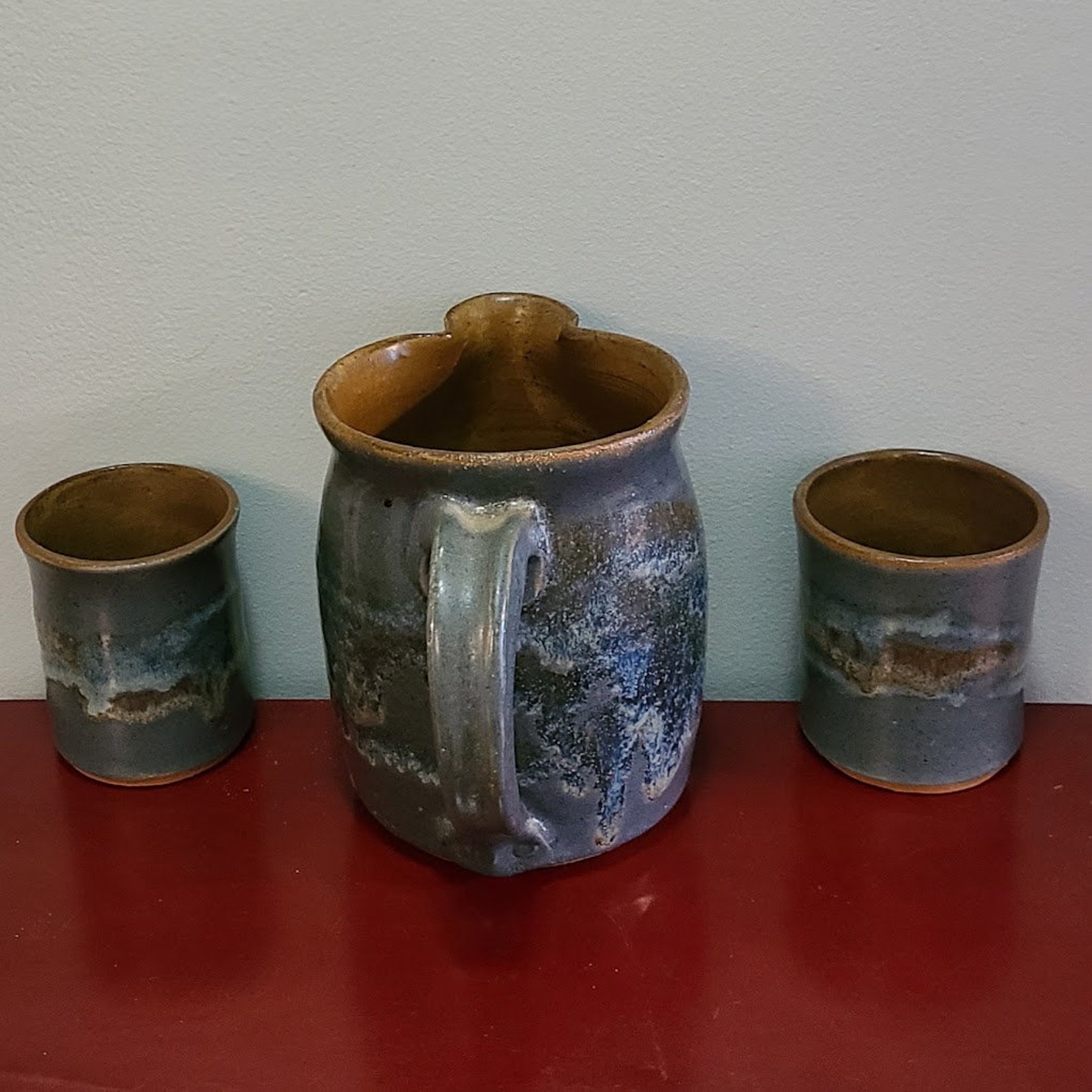 Hand Thrown Pottery Pitcher / Jug W 2 Tumblers - Drinkware Set - Signed ...