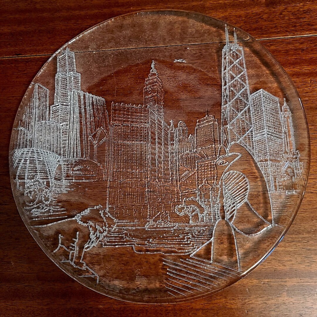 Chicago Skyline and Landmarks Etched Glass Platter Made by Pilgrim ...