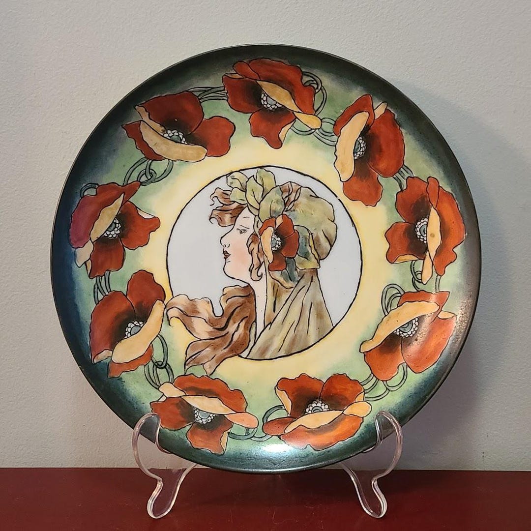 Edwardian Woman Mucha Style Art Nouveau Portrait Plate With Poppy ...