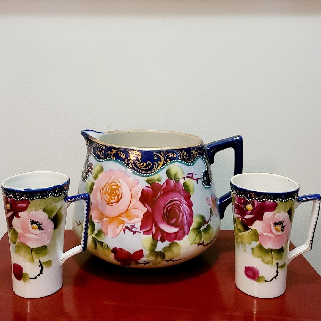 Antique Nippon Married Hand Painted Beaded Floral and Cobalt Blue ...