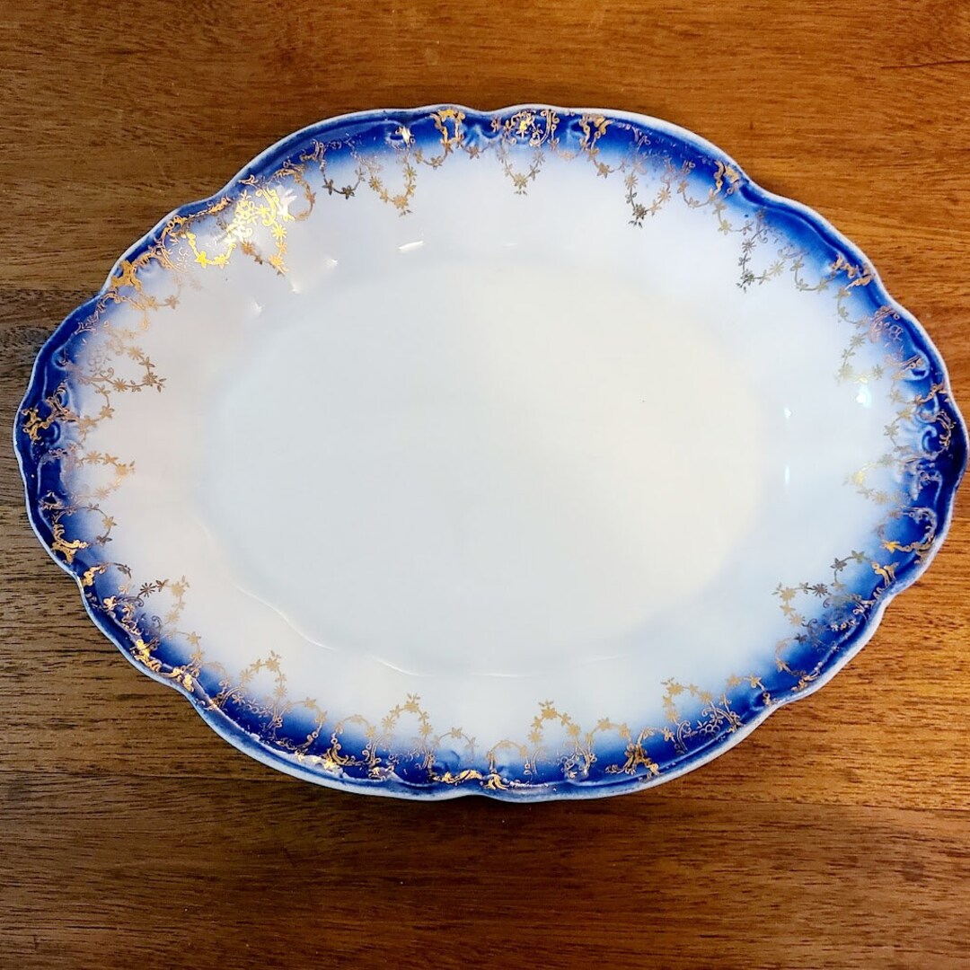 Rare Small Size Antique H R Wyllie Flow Blue Platter W/ Gold ...