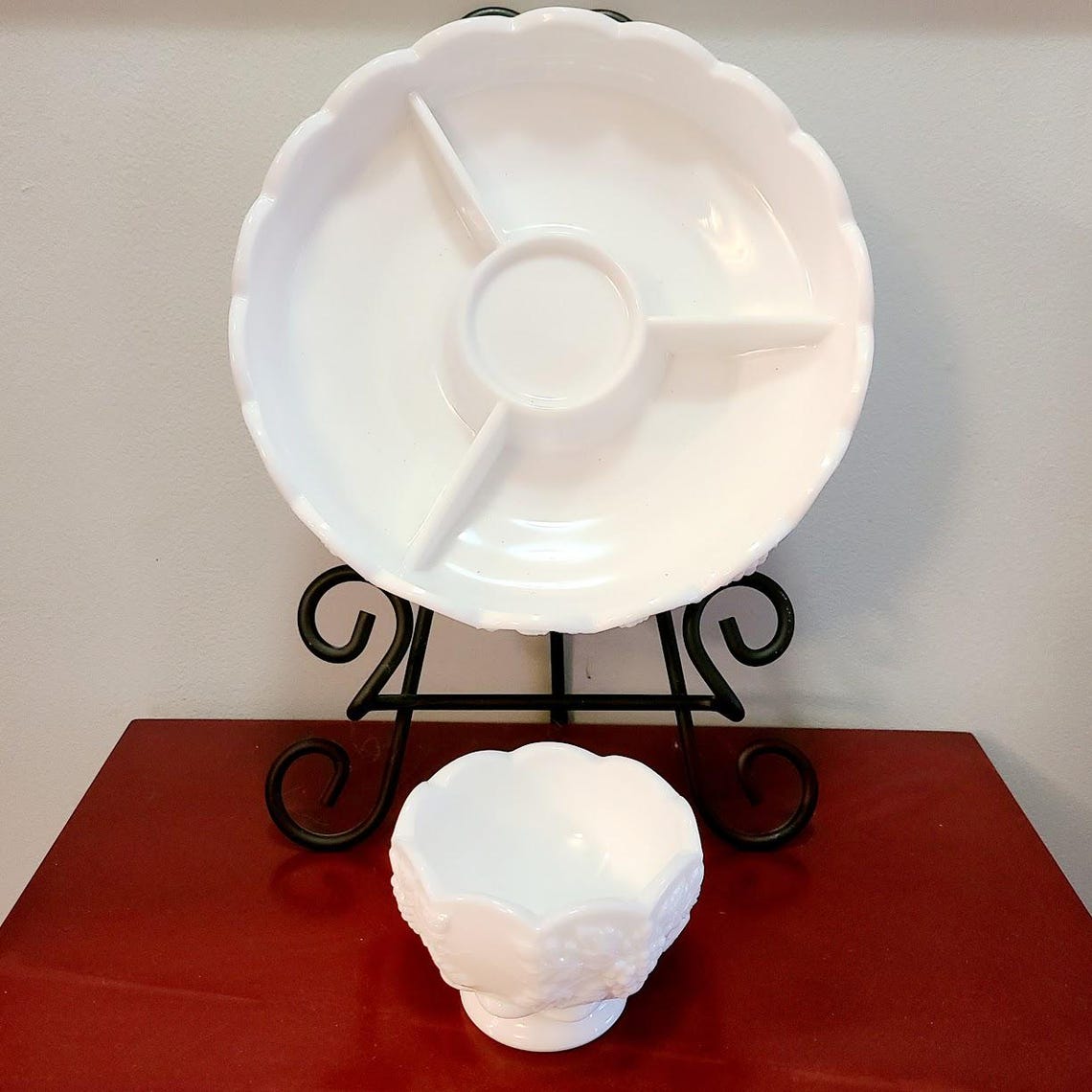 Westmoreland Paneled Grape Milk Glass Divided Appetizer and Dip Bowls ...