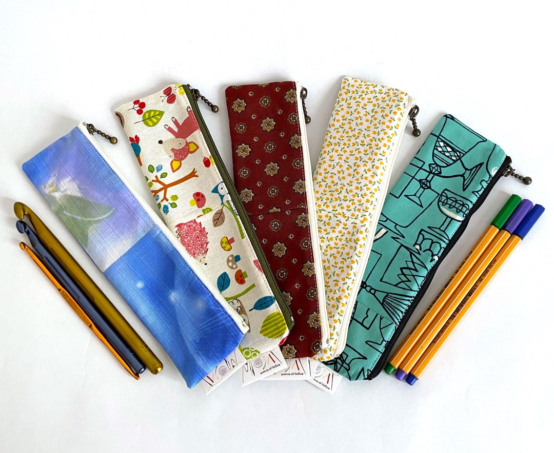 Slim Flat Zipped Patched Work Pouch Japanese Cotton Handmade Pencil ...
