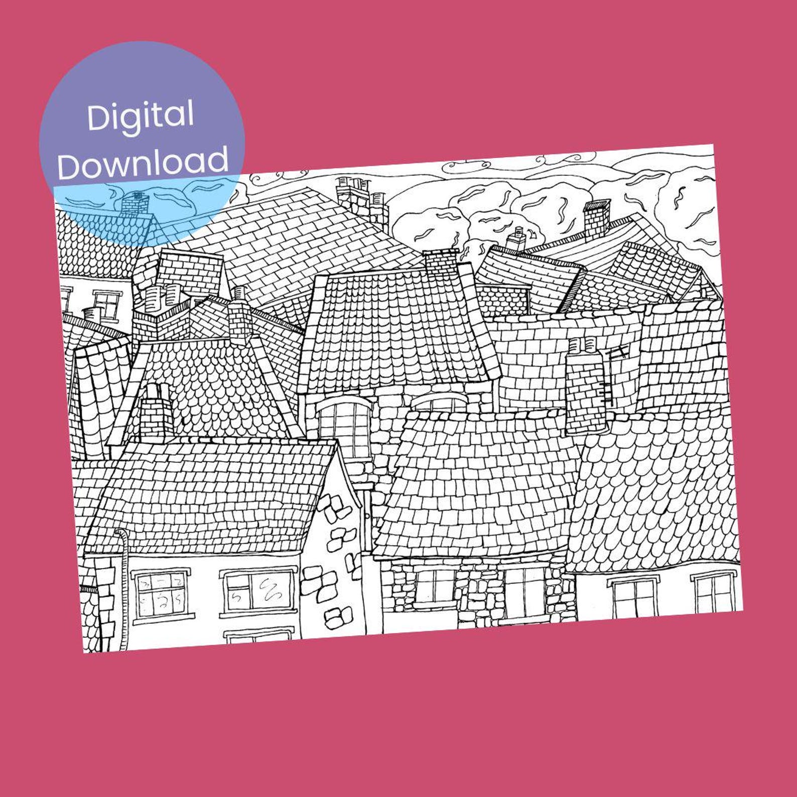 A View From Richmond Castle Colouring Sheet, Cottage Roofs Illustration ...