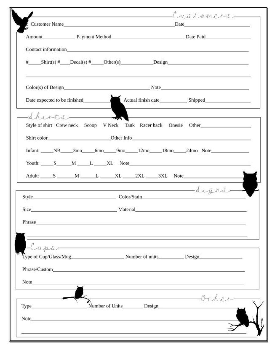 Owl Order Form - Vinyl Business - SVG File Editable - Digital Download ...