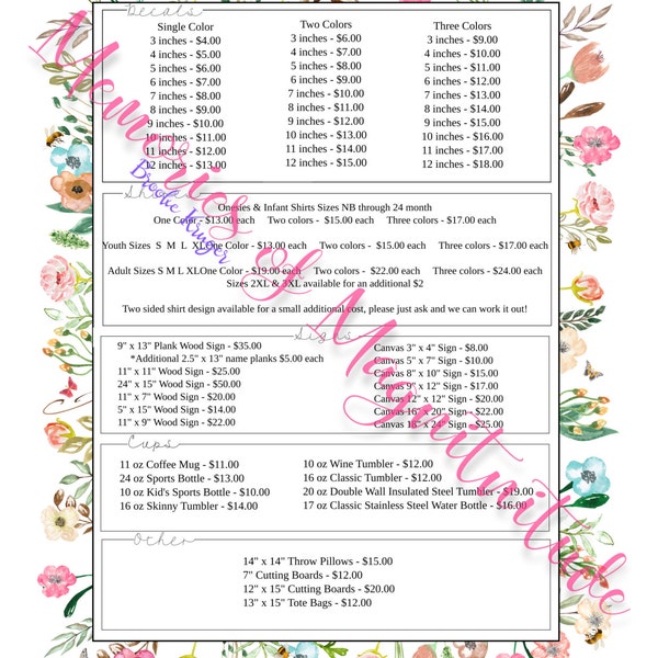 Decal Price List - Etsy