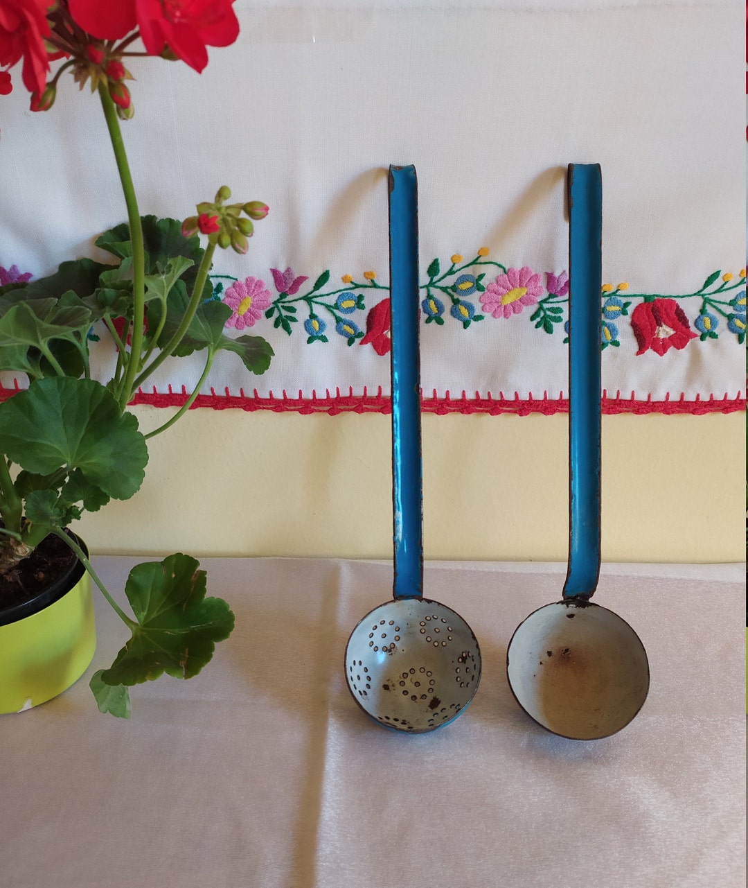 Two Pieces of Blue Enamel Kitchen Ladle Set With a Soup Dispenser and a ...