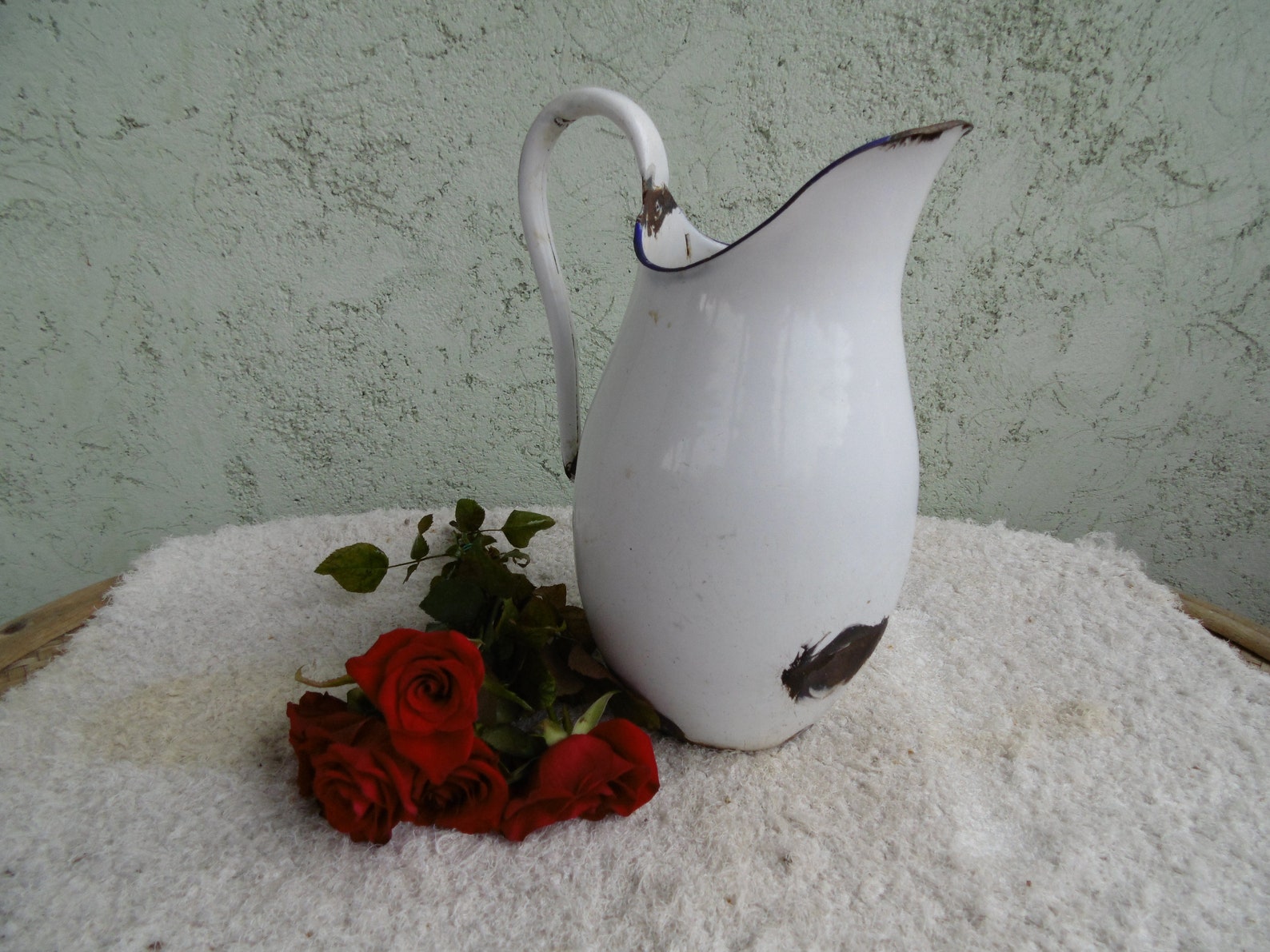 White Vintage White Enamelware Pitcher Italian Enamel Water - Etsy