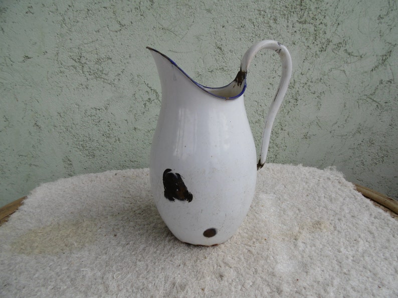 White Vintage White Enamelware Pitcher Italian Enamel Water - Etsy