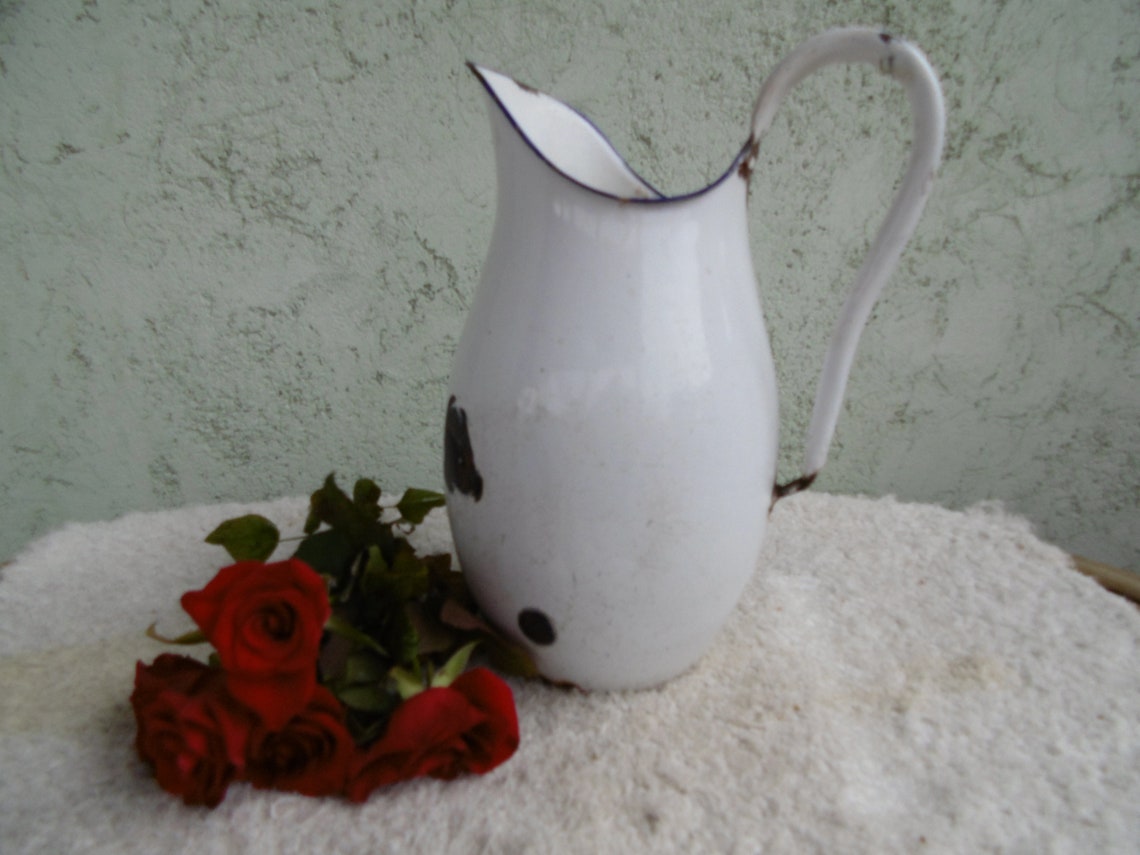 White Vintage White Enamelware Pitcher Italian Enamel Water - Etsy