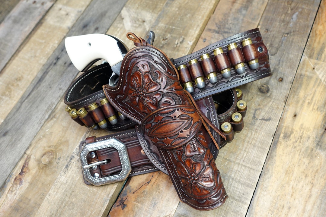 Old West Tooled Leather Cowboy Holster and Belt Rig Colt Ruger Uberti ...