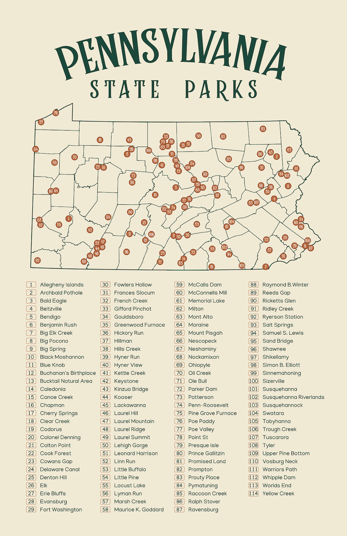 Pennsylvania State Park Map Checklist - Etsy