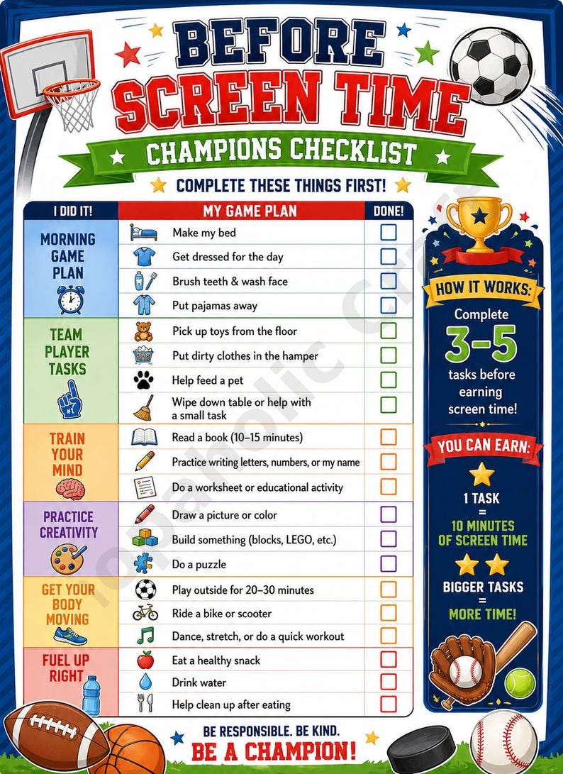Screen Time Checklist- Sports Theme - Etsy