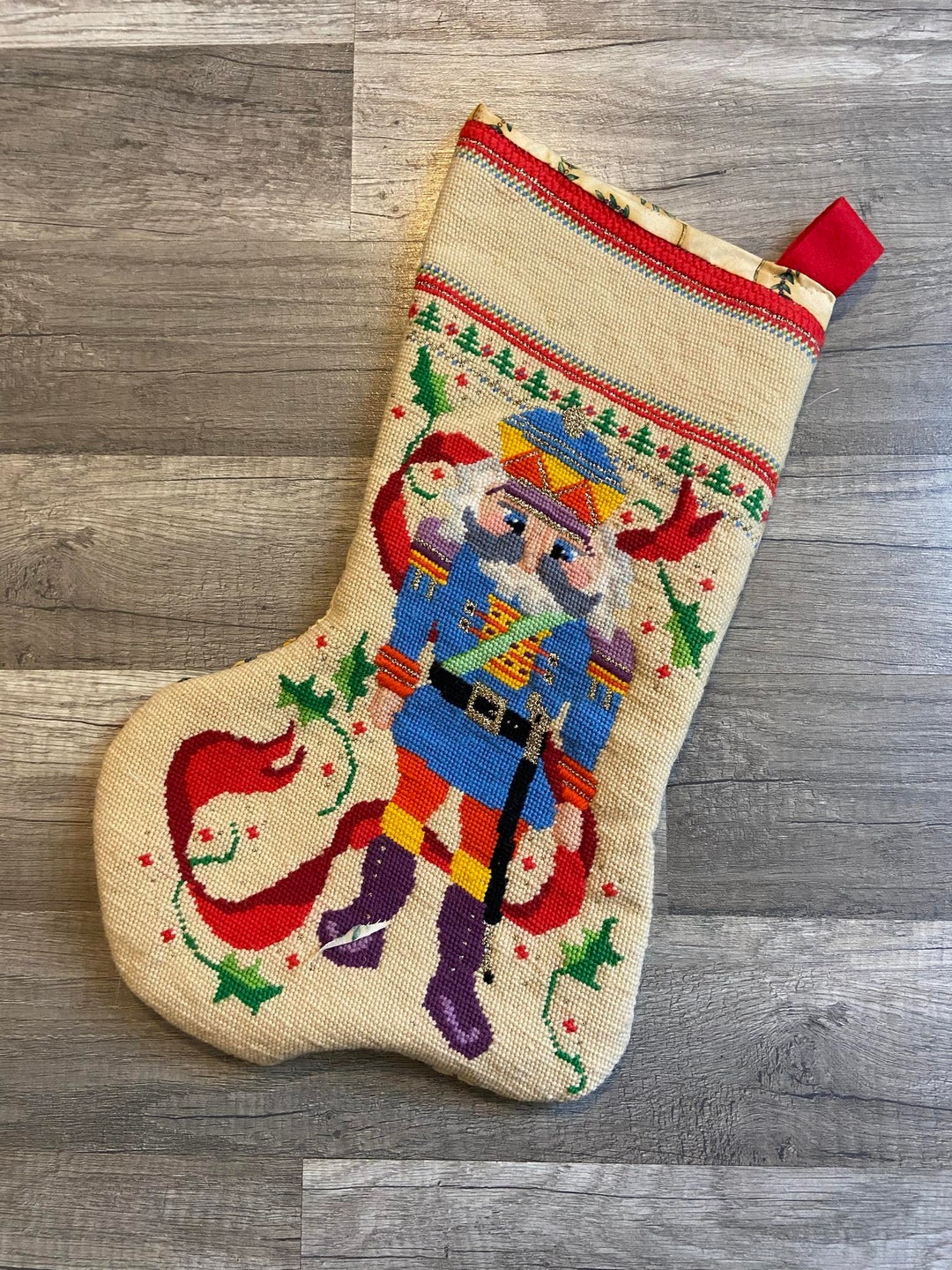 Christmas Stocking New VTG Handmade Finished Needle Treasures NUTCRACKER GENERAL Needlepoint ...