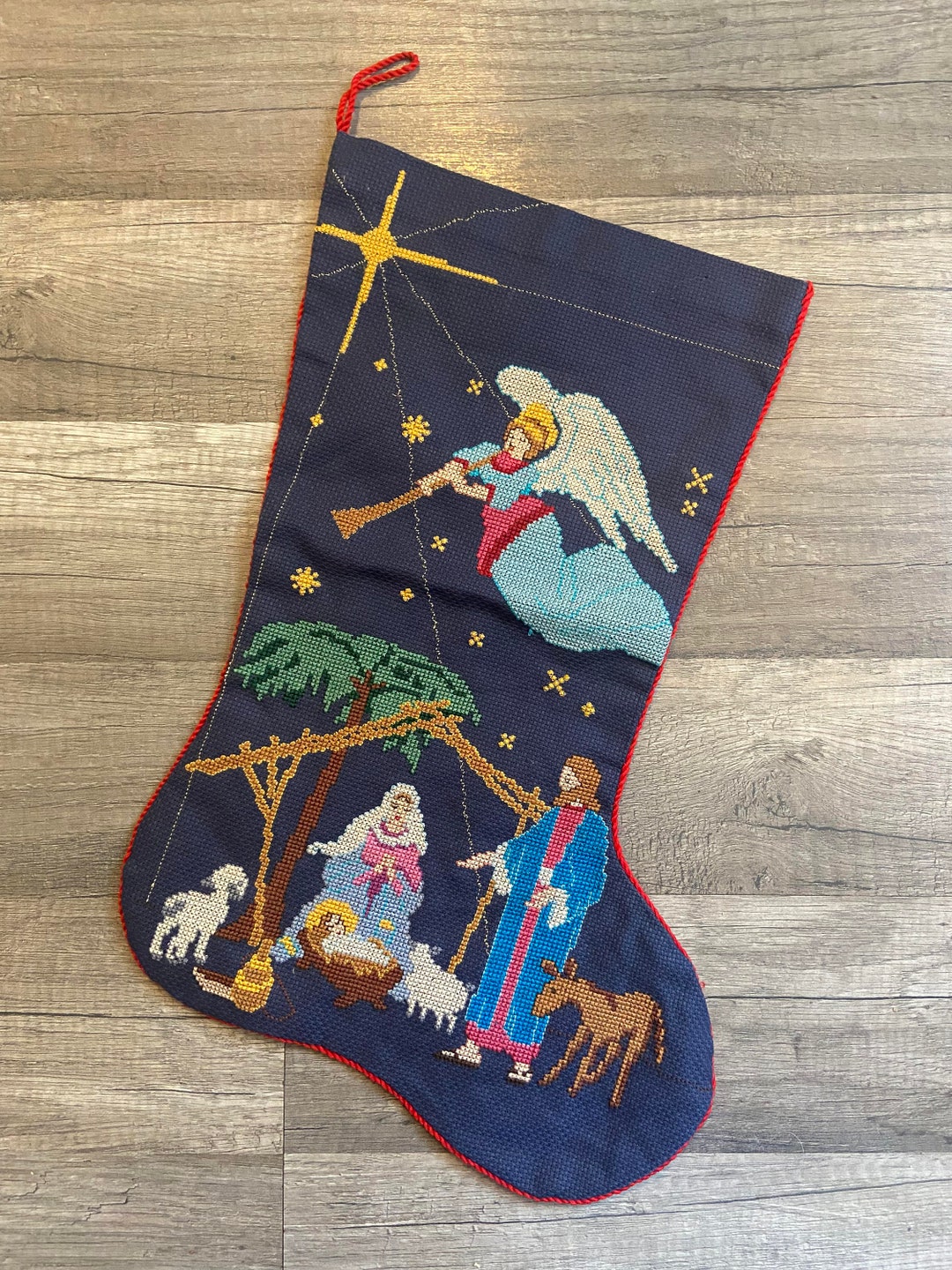 Christmas Stocking Vintage BUCILLA Holy Night COUNTED Cross Stitch ...