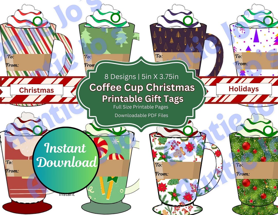 Coffee Cup Christmas Gift Tags, Printable Holiday Labels (instant ...