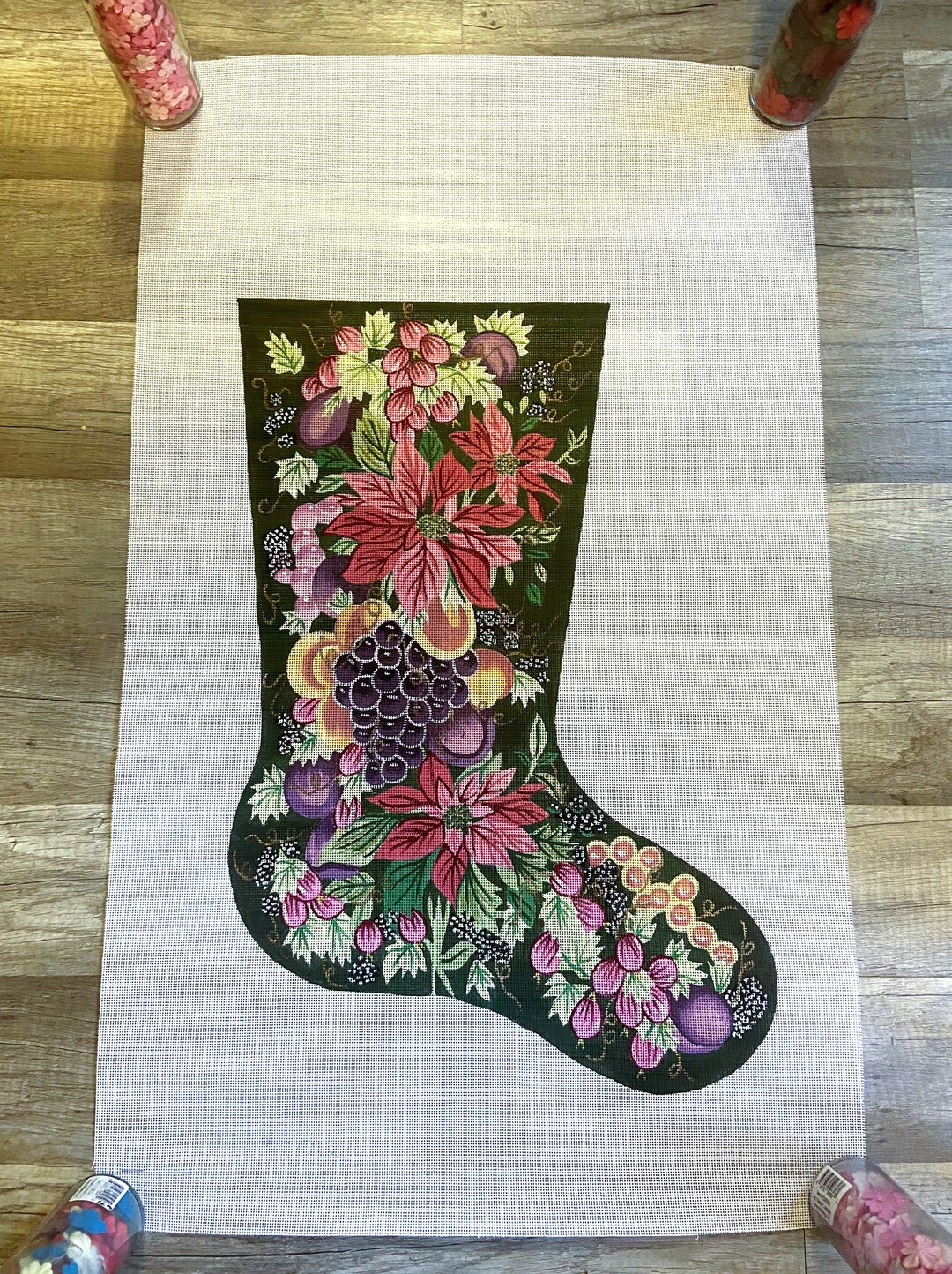 New Vintage ALEXA Designs Needlepoint Christmas Stocking Canvas Flowers ...