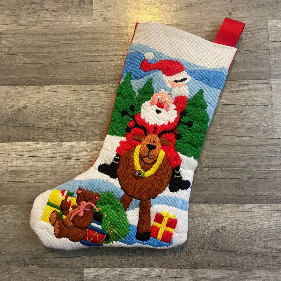 VINTAGE Handmade DIMENSIONS LONGSTITCH Hi Ho Santa Christmas Stocking ...