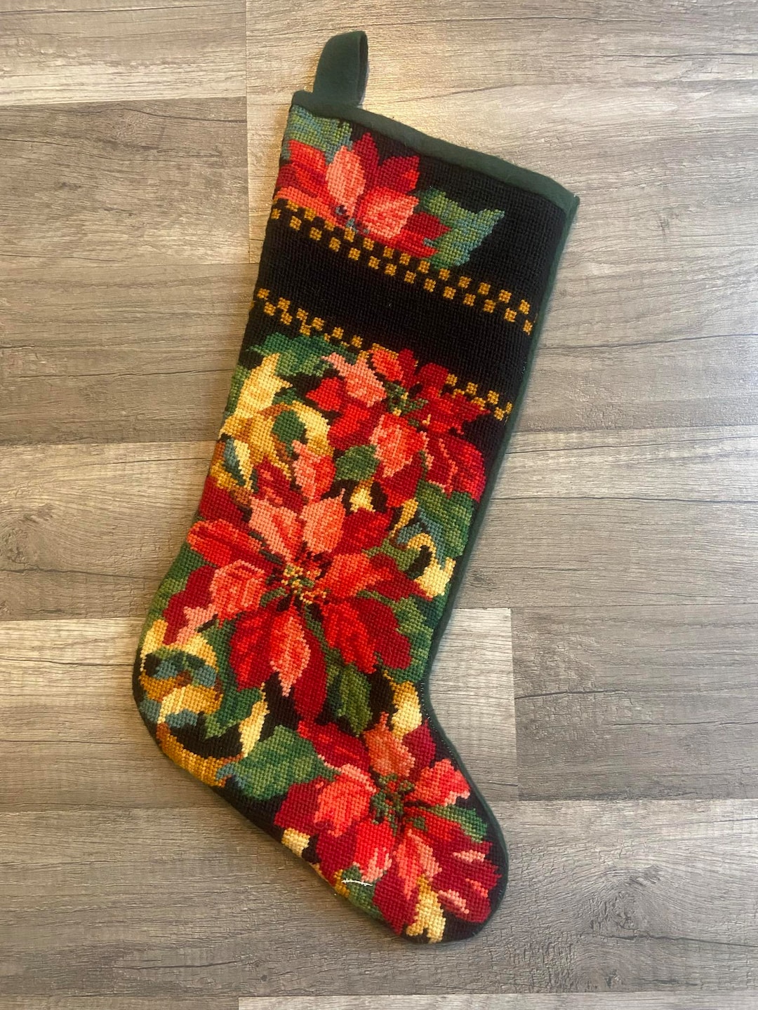 Christmas Stocking New VTG Handmade Finished Bucilla Kooler POINSETTIA TAPESTRY Needlepoint ...