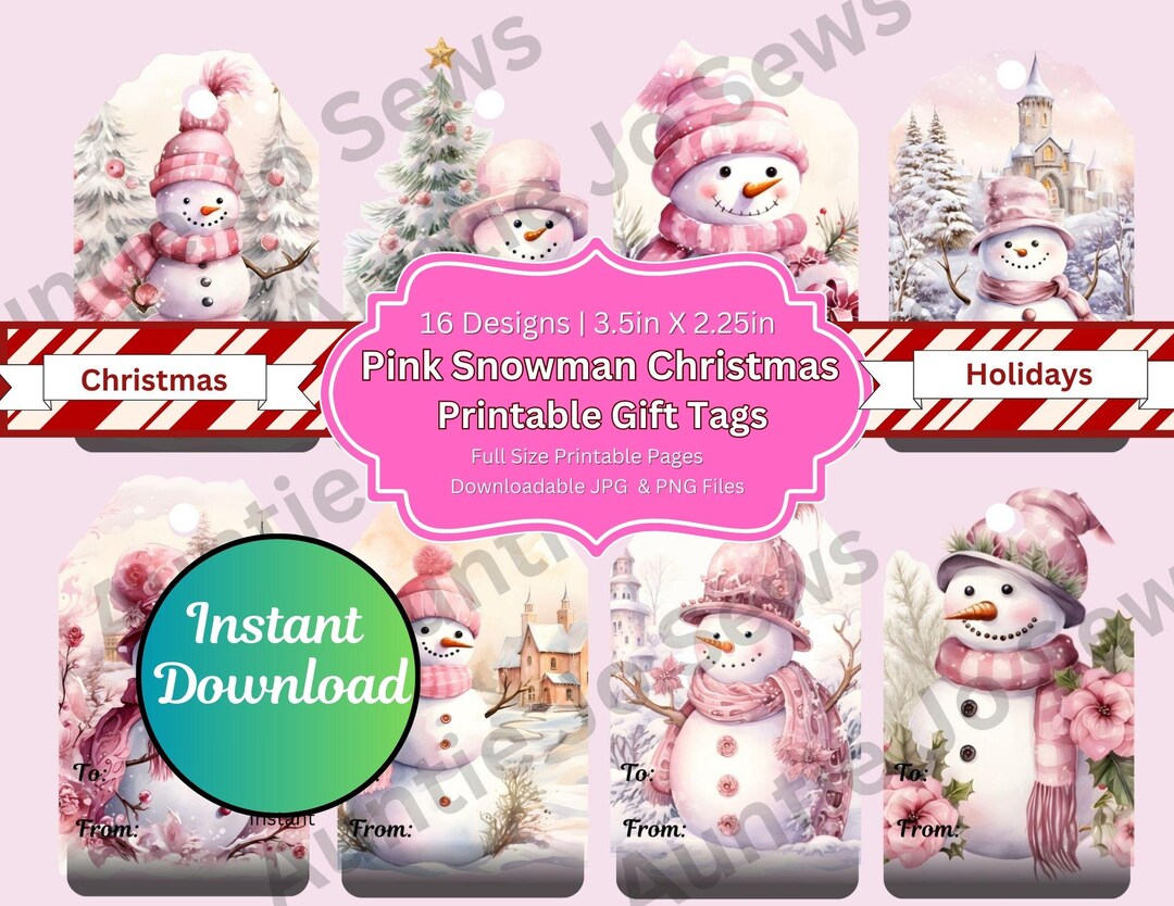 Pink Snowman Christmas Gift Tags, Printable Holiday Tags (digital ...