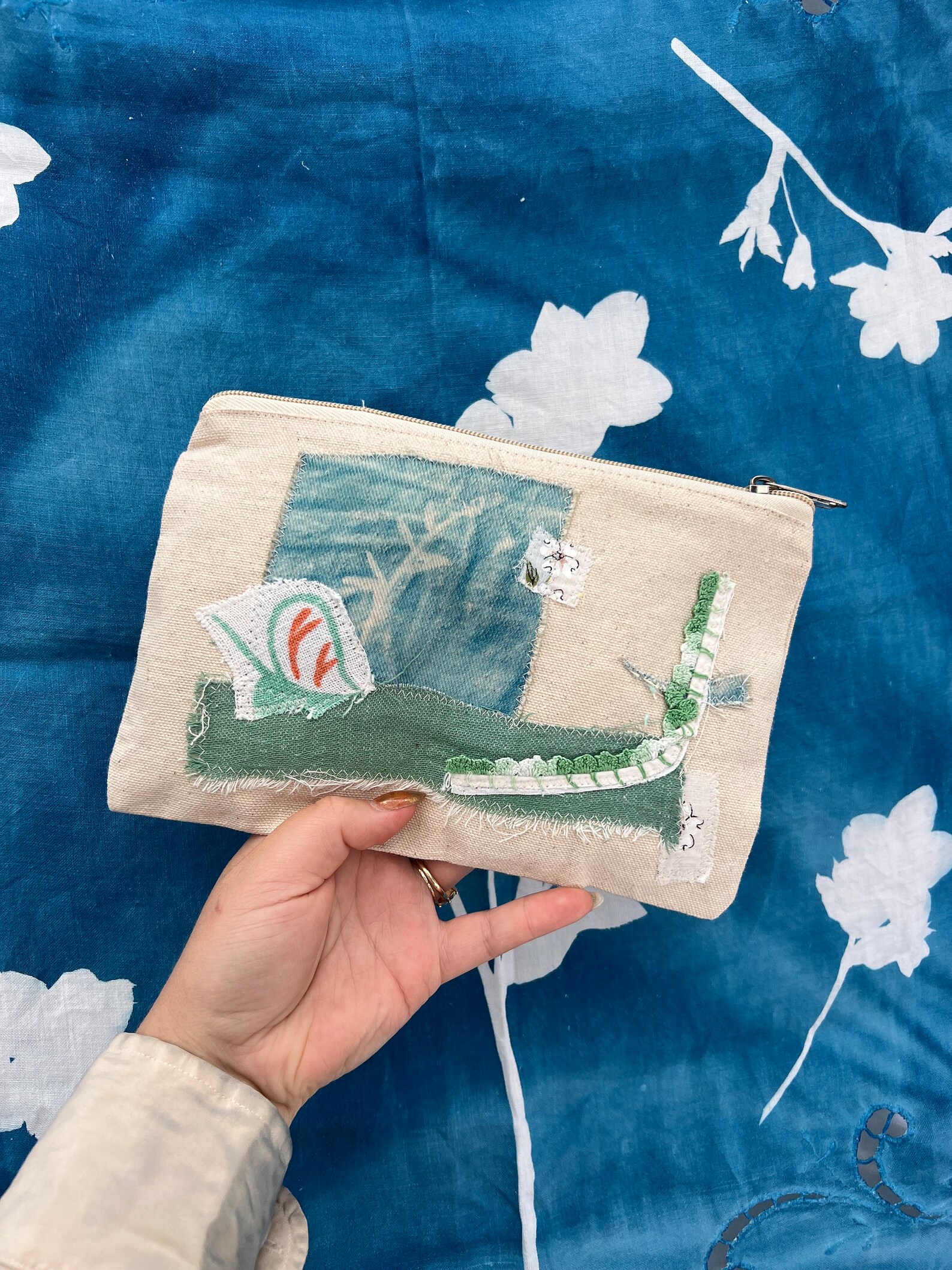 Fabric Collage Zipper Pouch With Cyanotype Patch - Etsy
