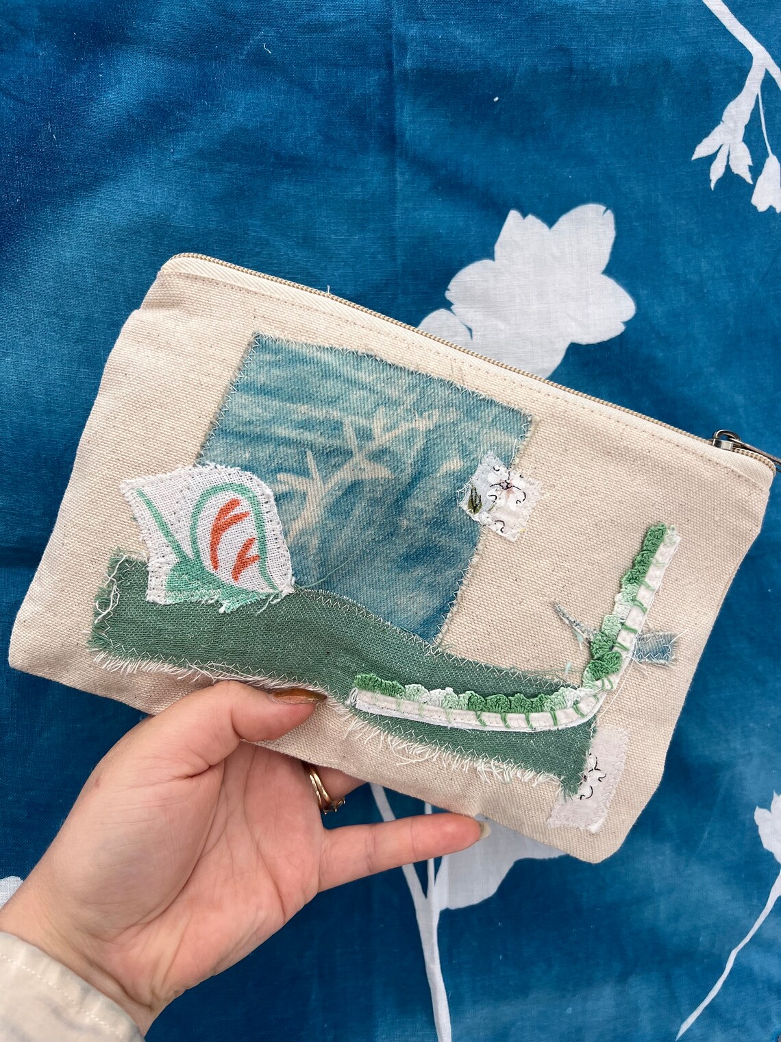 Fabric Collage Zipper Pouch With Cyanotype Patch - Etsy