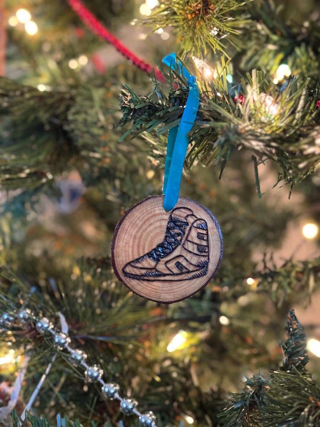 Wood-burned Pine Disc Ornament | High Top Sneaker Design | Turquoise ...