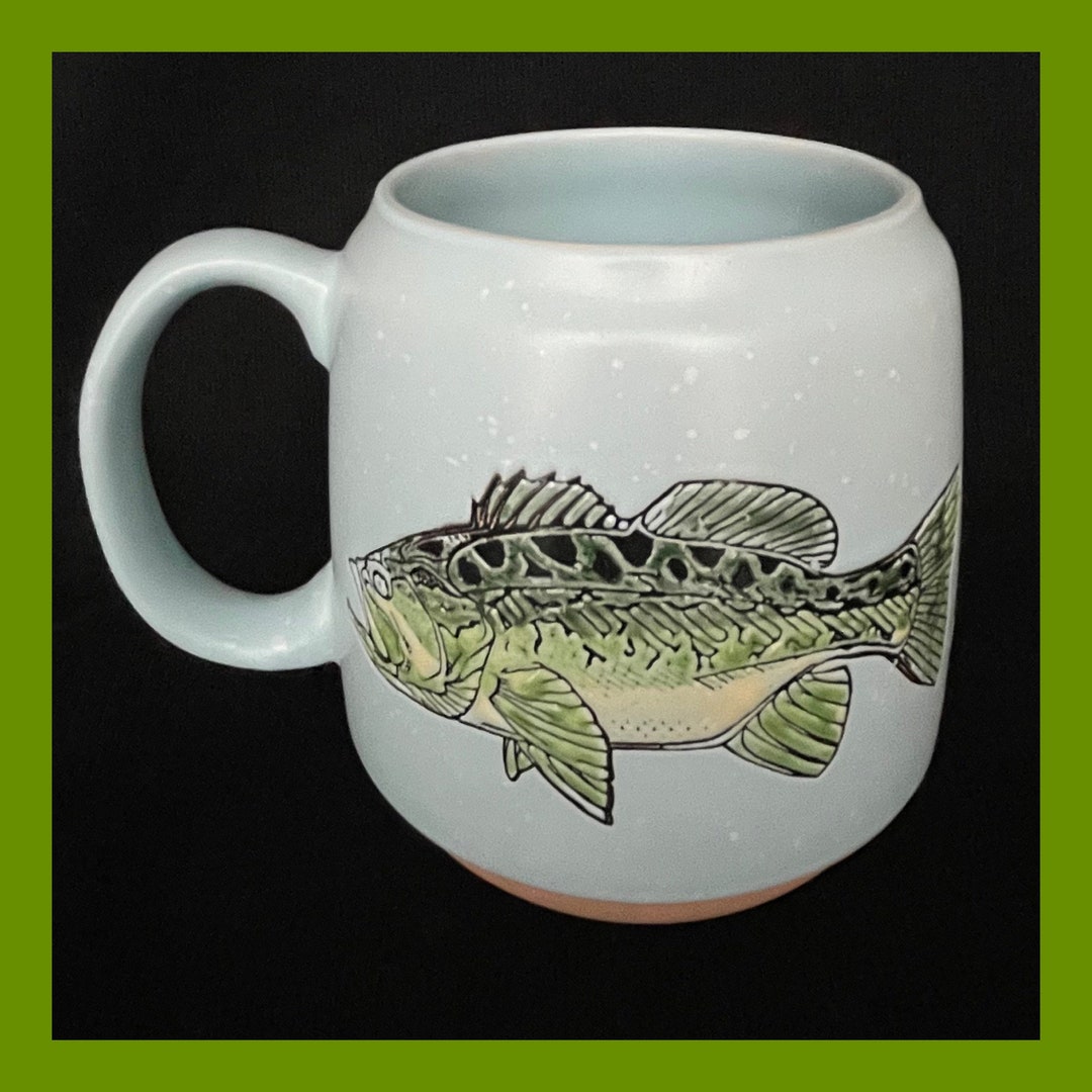 Fishing Coffee Mug | Green Bass, Light Blue Ceramic, Gift for Dad - Etsy