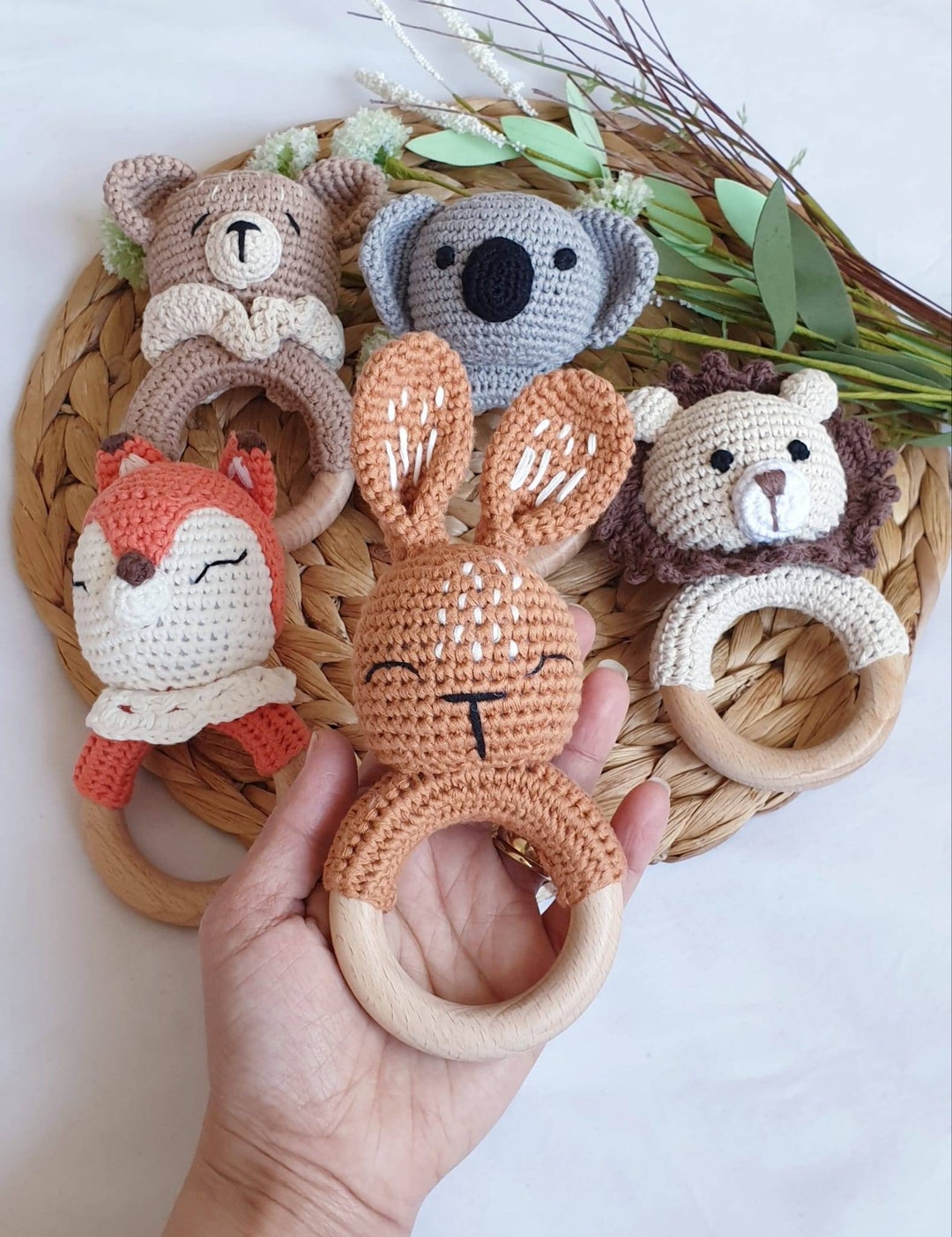 Personalized Animal Crochet Rattle Baby Shower Gift Custom Wooden Baby ...
