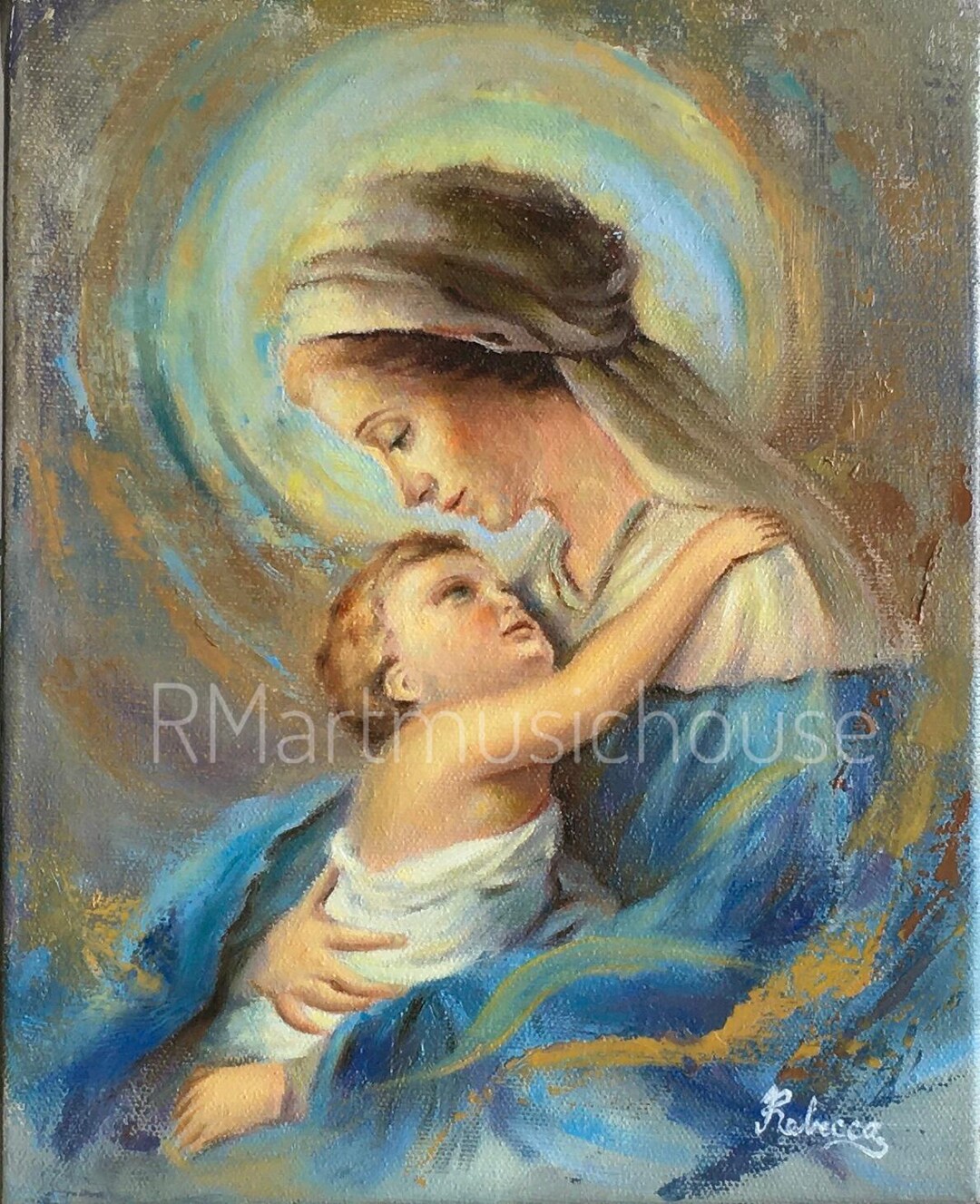 Handmade Oil Painting: Virgin Mary and Baby Jesus, Catholic Religious ...