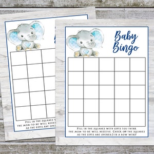 Boy Bingo Game, Blue Baby Shower Bingo Game Printable | Elephant Bingo ...
