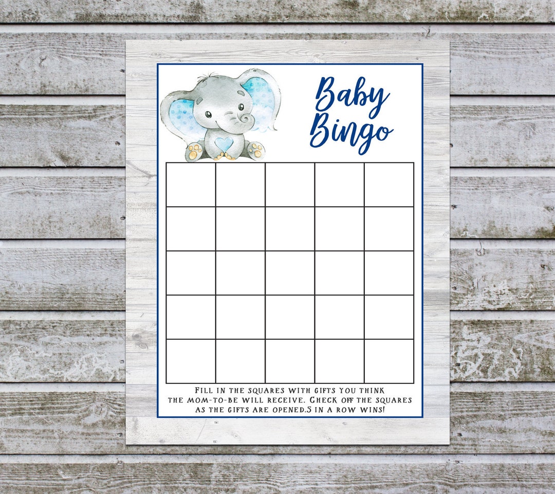 Boy Bingo Game, Blue Baby Shower Bingo Game Printable | Elephant Bingo ...