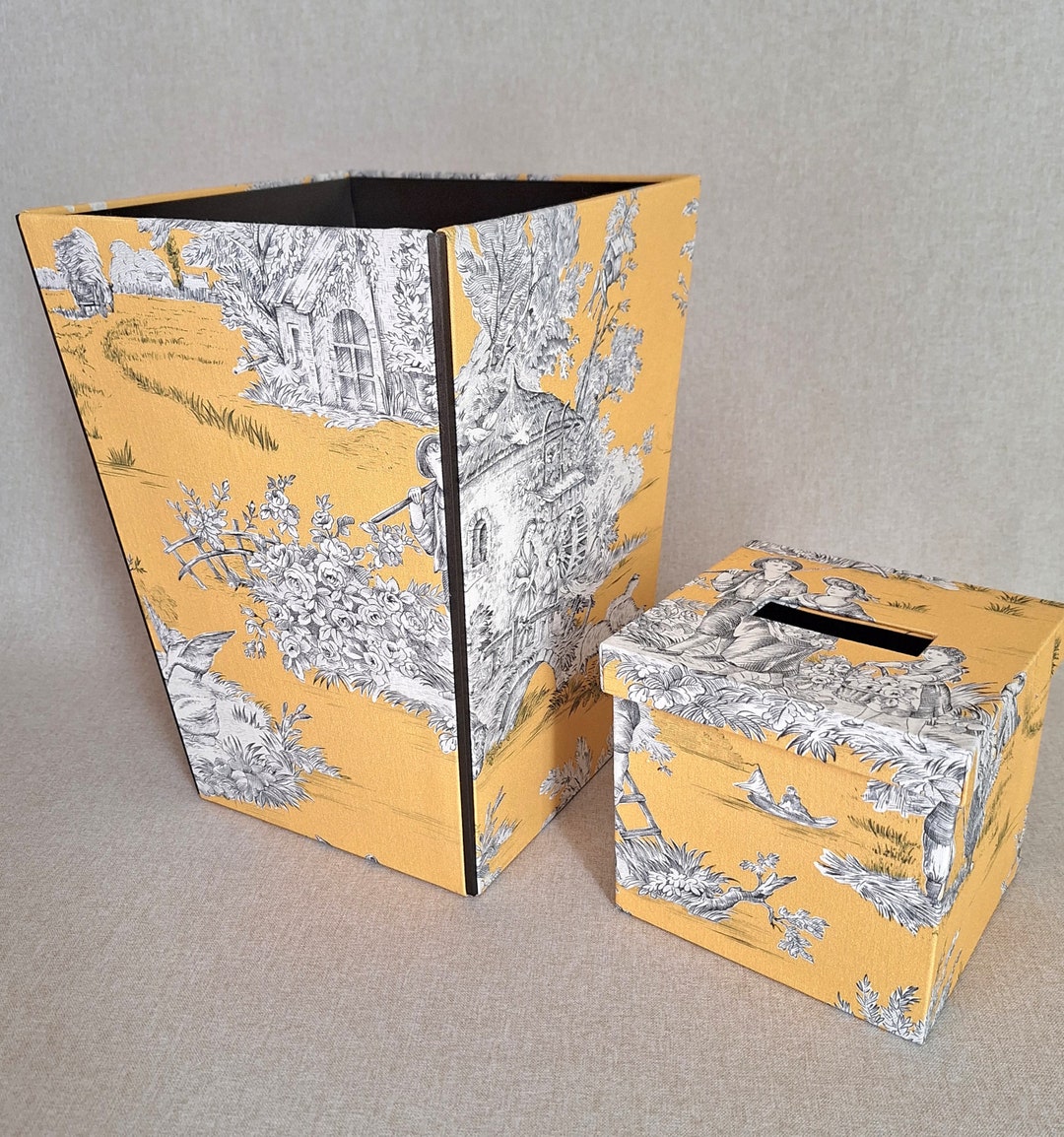 Waste Paper Basket Tissue Box Holder Fabric Toile De Jouy Paper Bin New ...