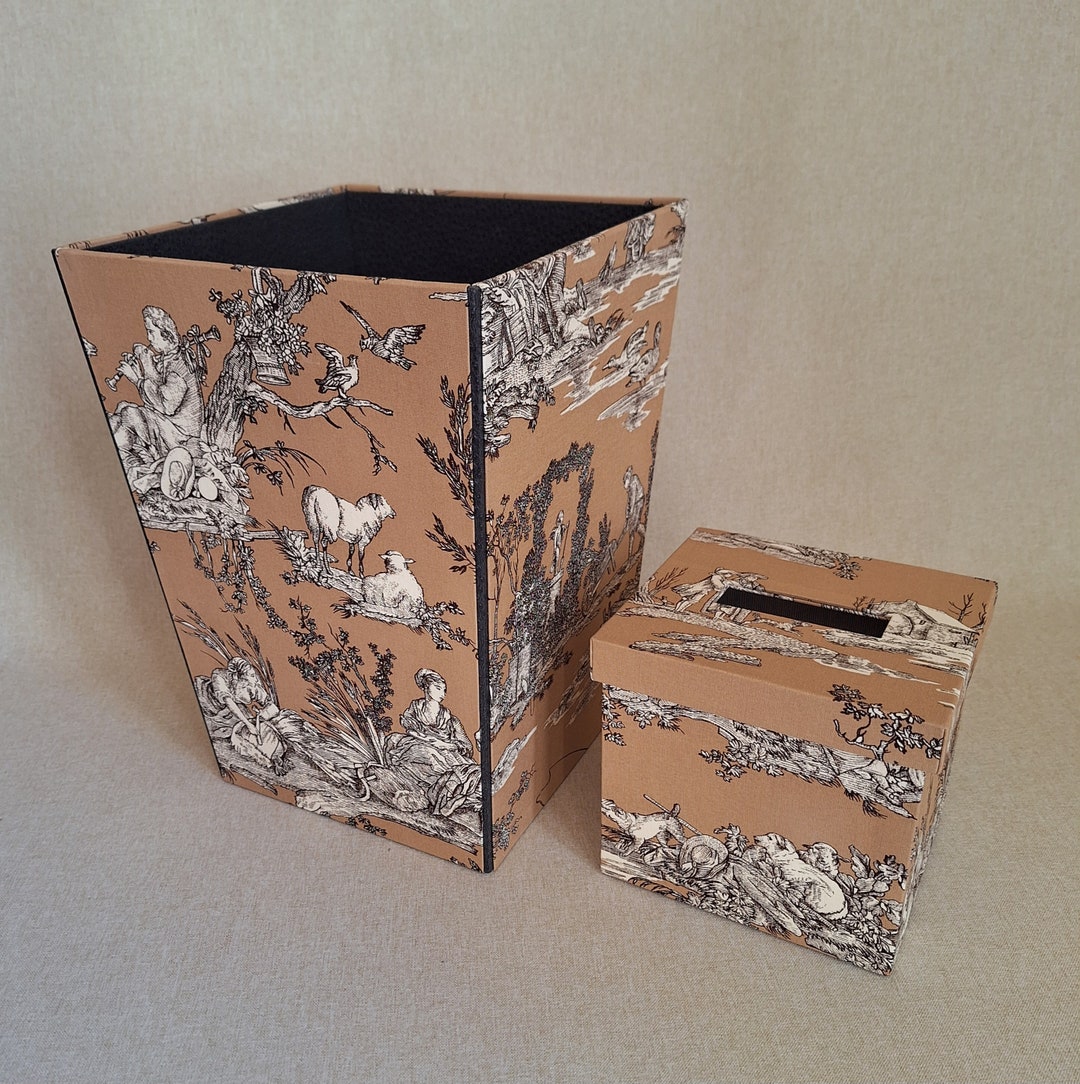 Waste Paper Basket Tissue Box Holder Toile De Jouy Fabric, Paper Bin ...