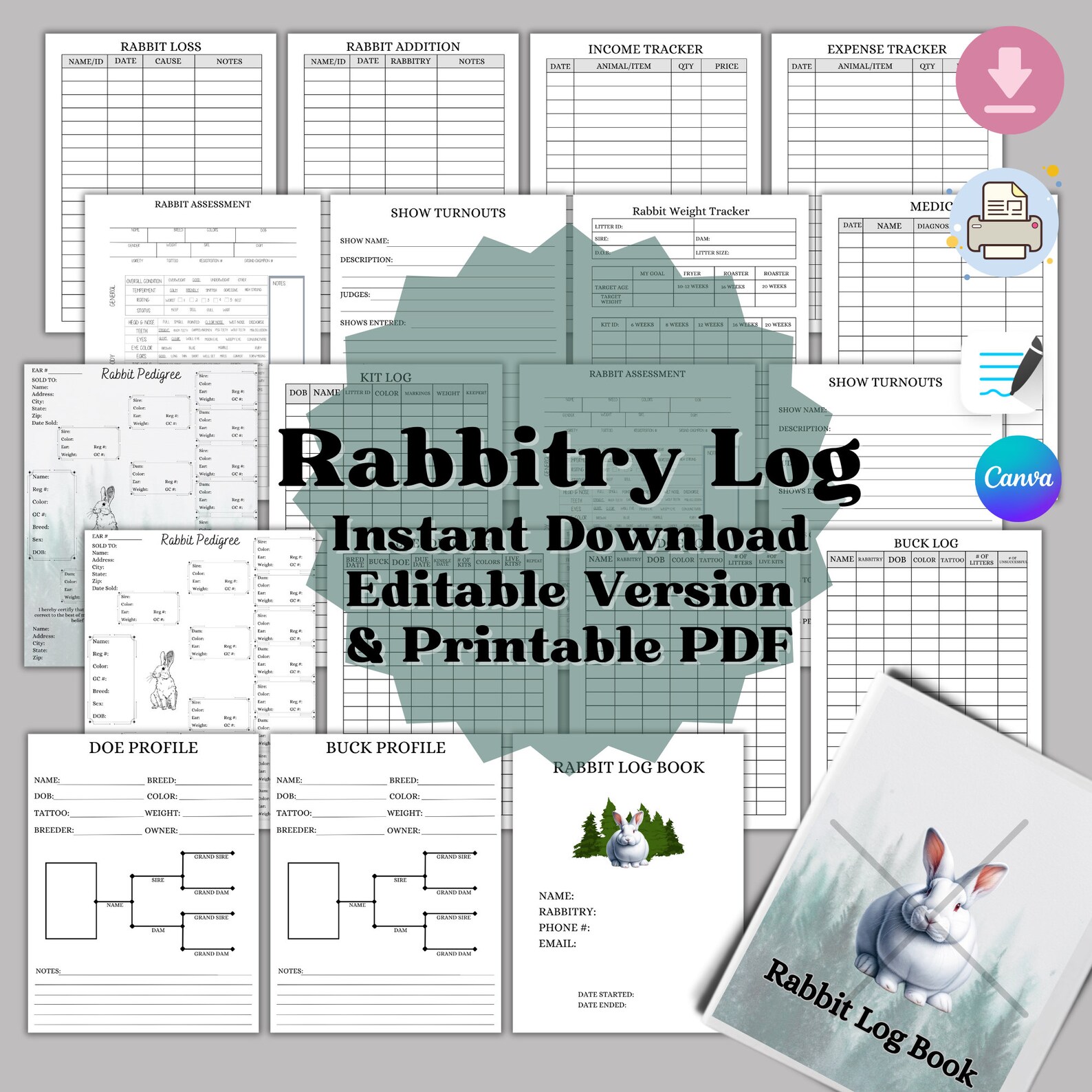 Editable Rabbitry Log Book, Rabbitry Log, Rabbit Breeders, Rabbitry ...