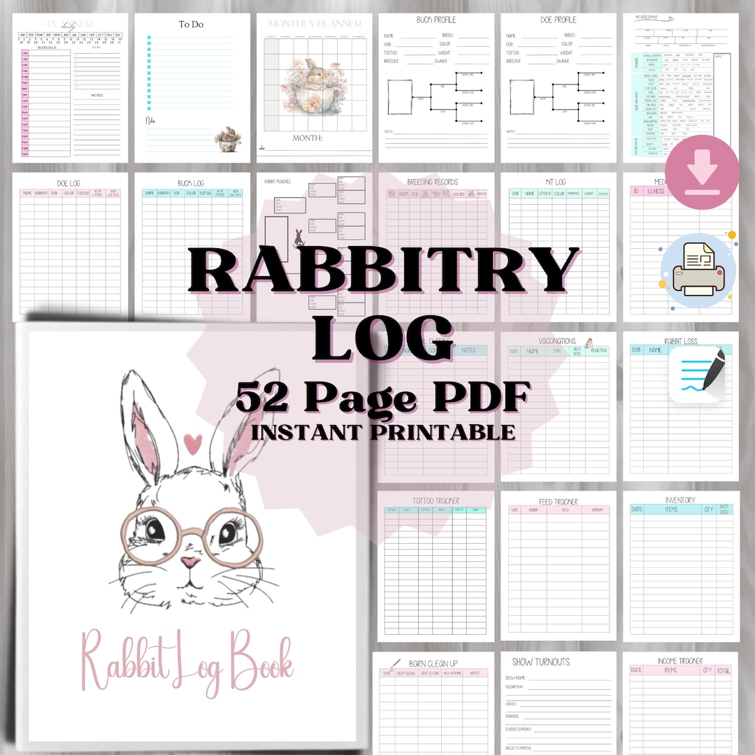 52 PG Rabbitry Log Book, Rabbitry Log, Rabbit Journal, Rabbitry Journal ...