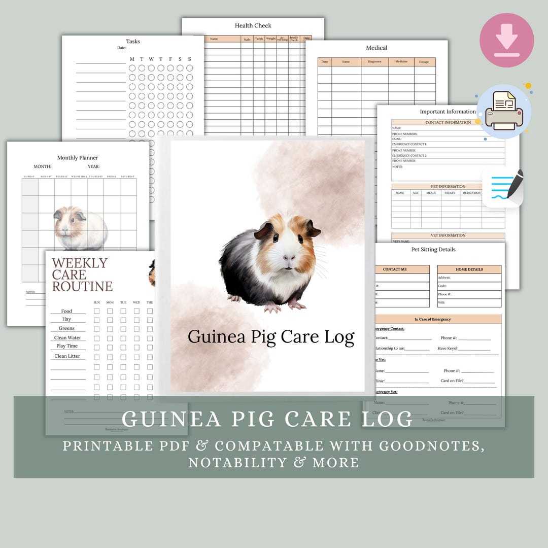 Guinea Pig Log Book, Guinea Pig Care Log, Guinea Pig Owners, Guinea Pig ...