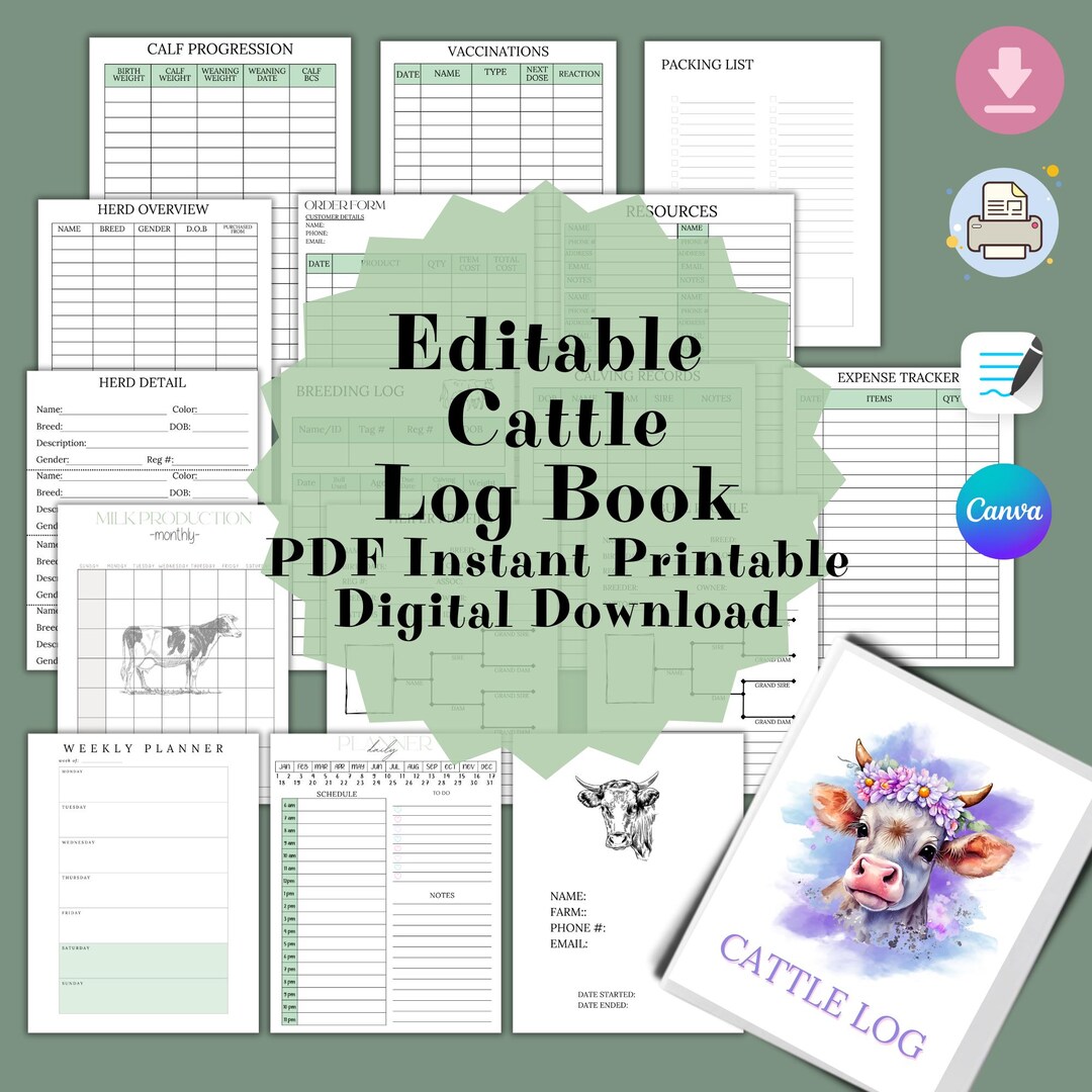 EDITABLE Cattle Log, Editable Cow Log, Editable on Canva, Farm Log ...