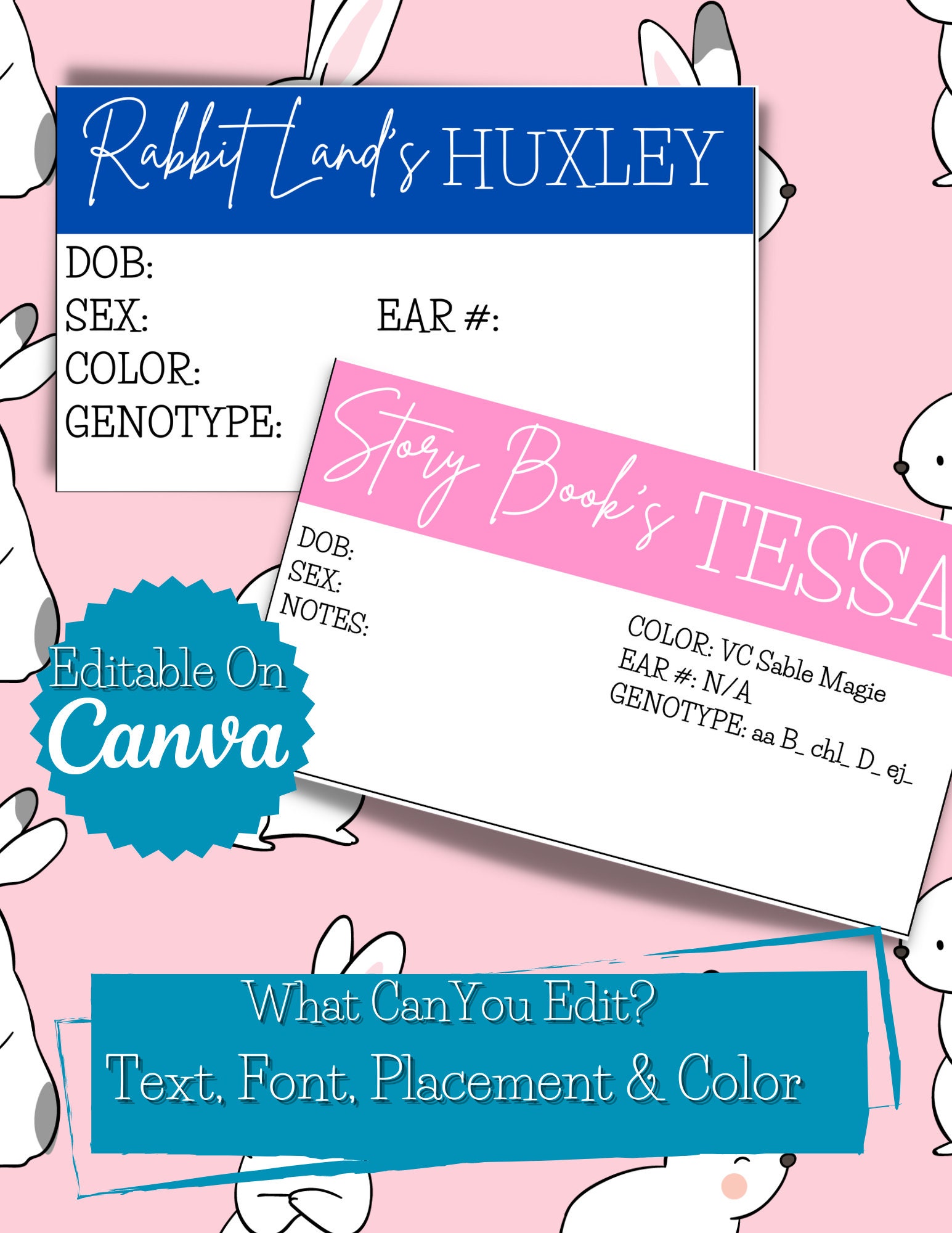 Rabbit ID Cards, Cage Cards, Identification Cards, Rabbitry, Rabbit ...