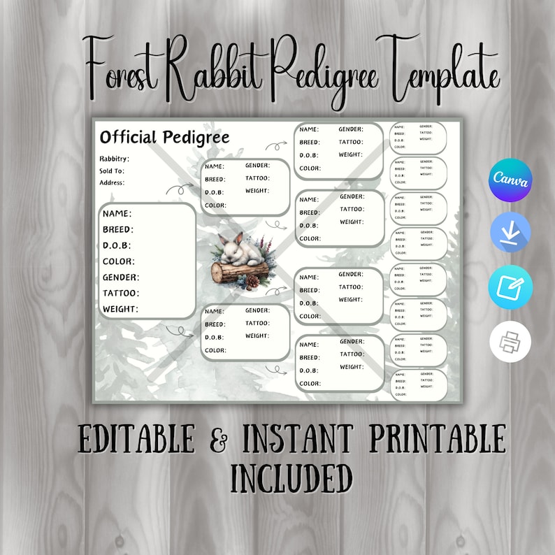 Forest Rabbit Pedigree Template: Editable Printable (PDF) - Etsy