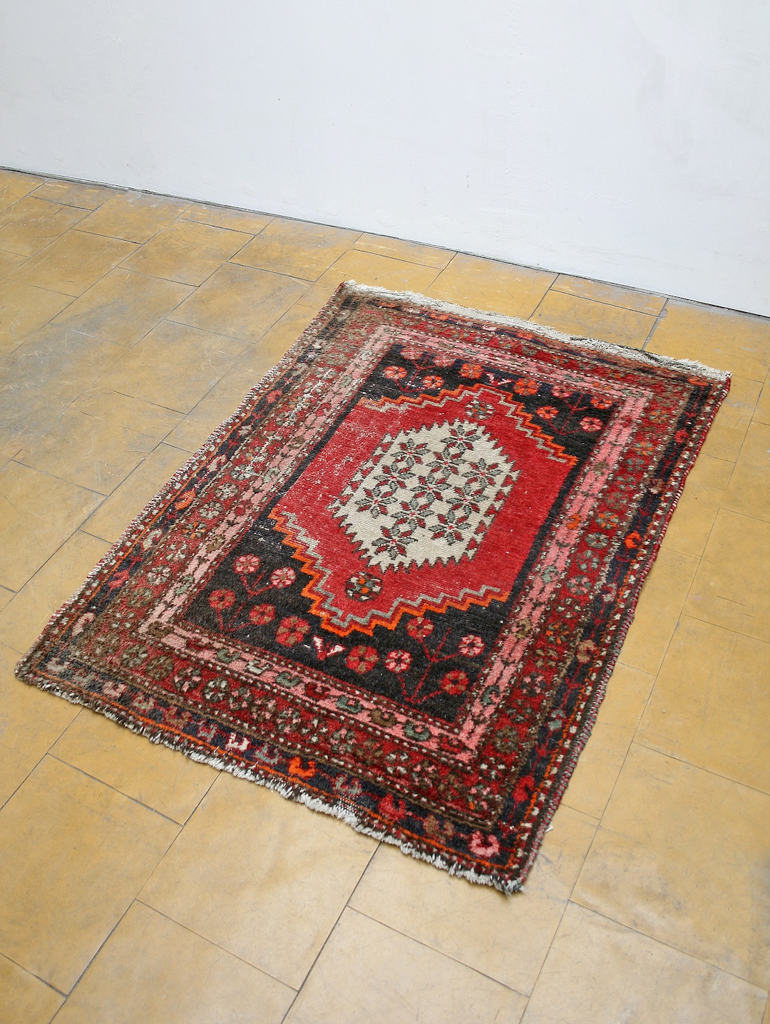 Antique Light Red Geometric Woven Wool Rug Carpet Small Black Folk Art ...