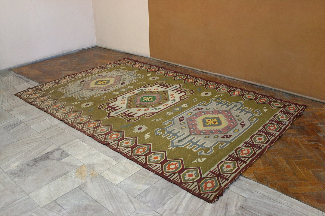 Large Vintage Traditional Polish Eastern European Handwoven Rug Olive ...