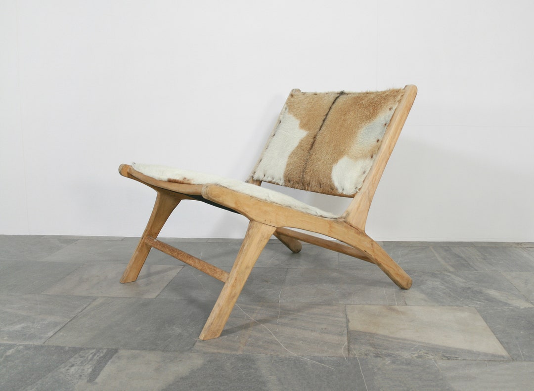 Vintage Genuine Goat Hide Upholstered Danish Hans Wegner Style Hunting ...