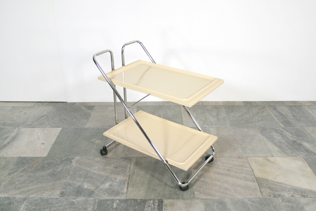 Vintage Creamy Beige Foldable Minibar Side End Table Chrome Bar Cart on ...