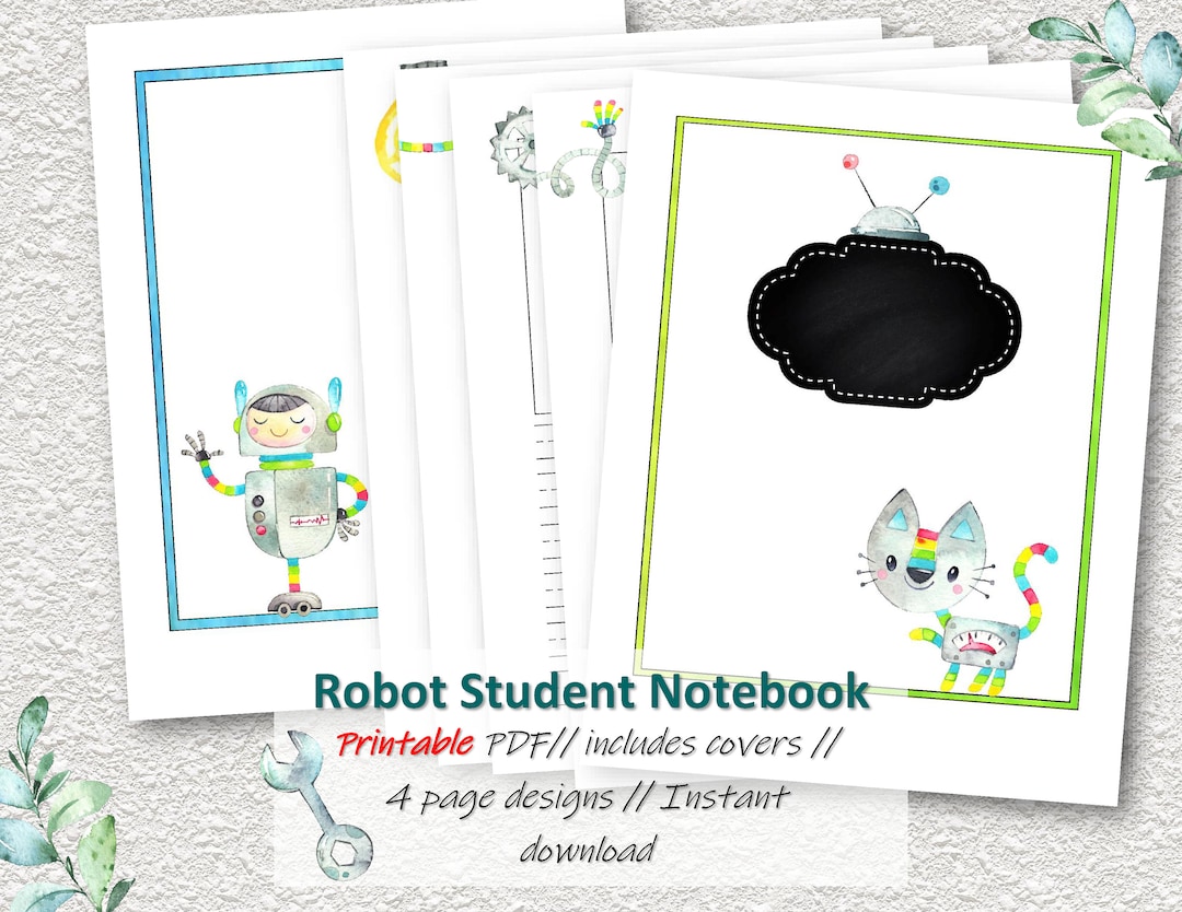 Printable K-2nd Robot Themed Kids Notebook Cover and Lined Pages With ...