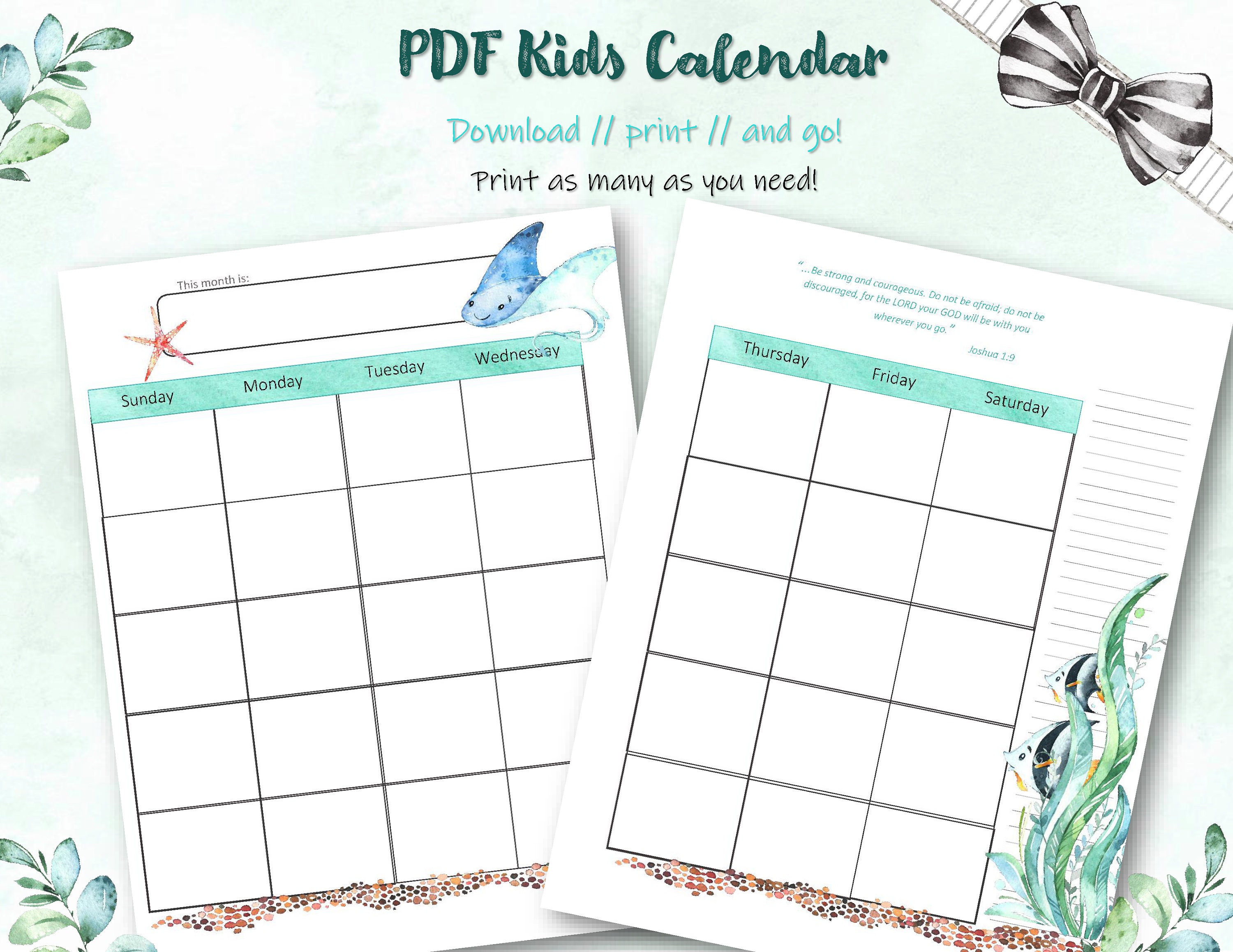 Printable Kids Calendar Set Under the Sea Theme Blank | Etsy