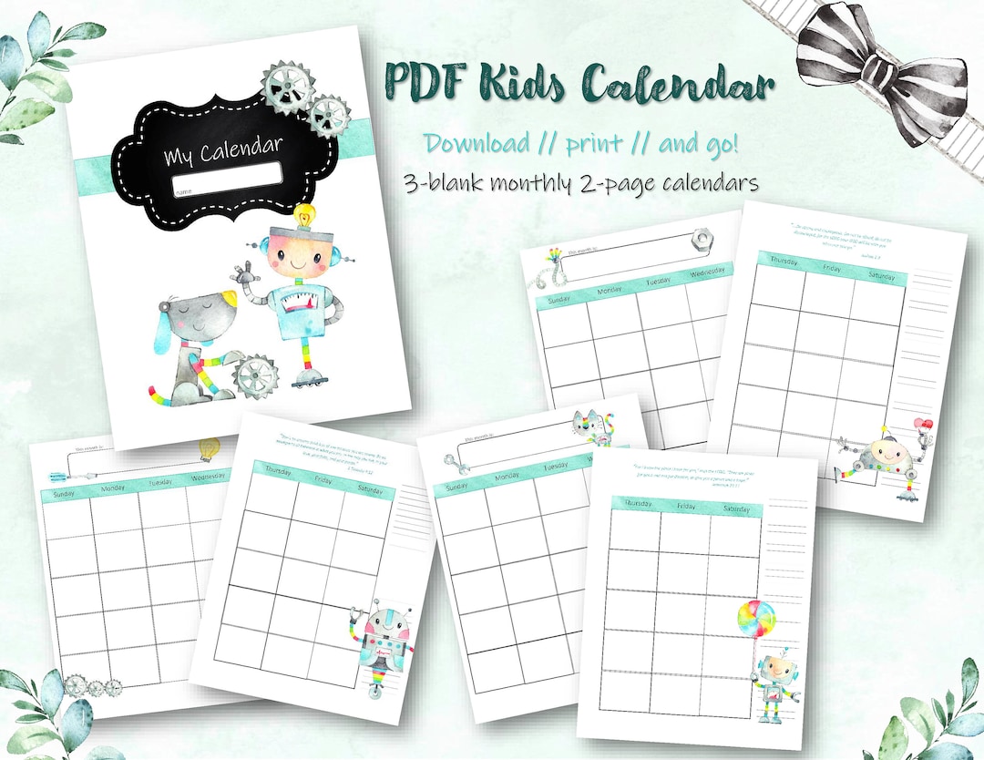 Printable Kids Calendar Set, Blank Robot Themed Calendar Pages - Etsy