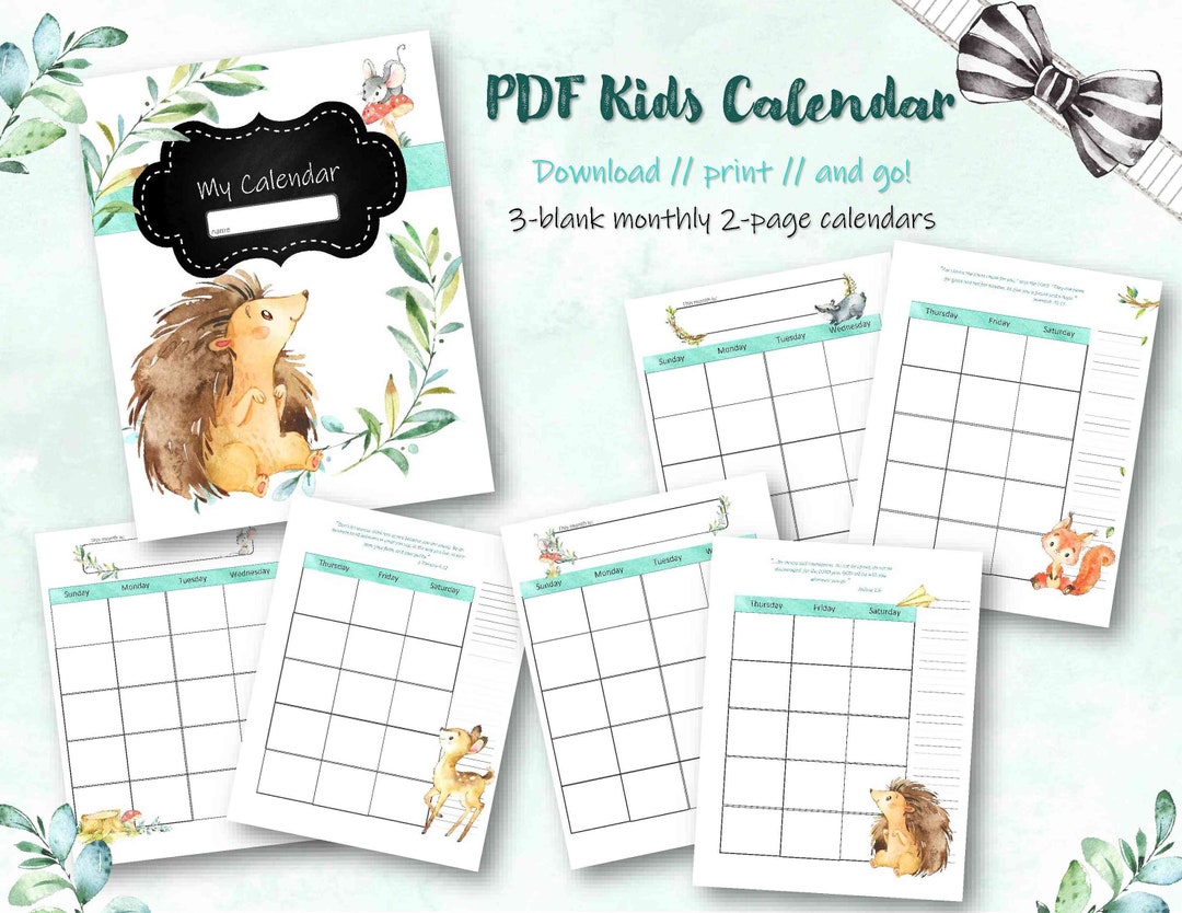 Printable Kids Calendar Set, Blank Animal Adventures Themed Calendar ...