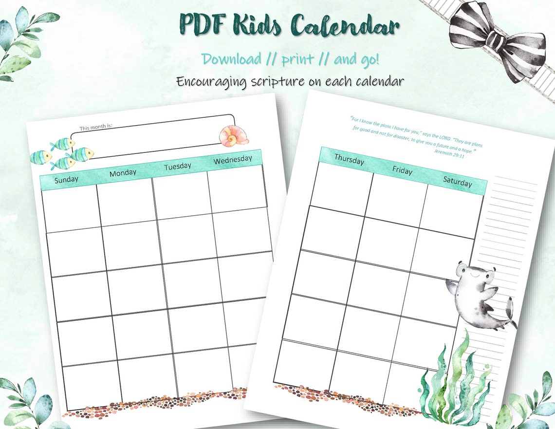 Printable Kids Calendar Set Under the Sea Theme Blank | Etsy